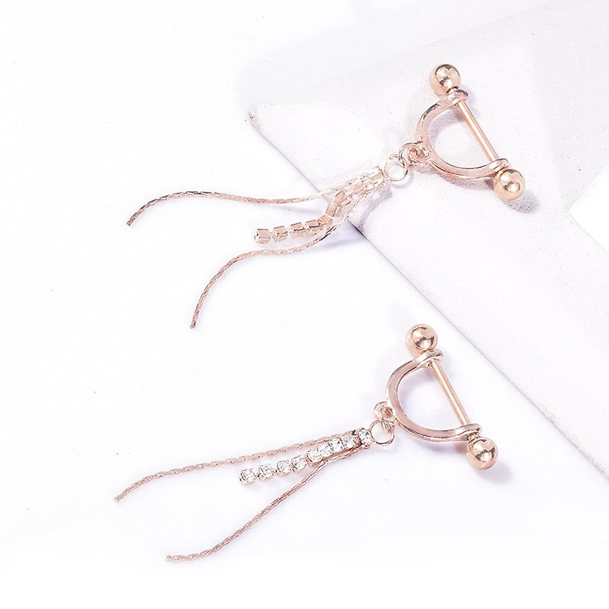 Kinsing, 316L Surgical Steel CZ Body Nipple Piercing Jewelry 14G Dangly Tassels Nipple Rings Retainer for Women Girls 12Inch 2 Pack (Rose Gold)