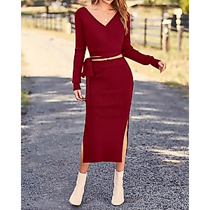 PRETTYGARDEN Women Sexy Sweater Long Sleeve Wrap V Neck Ribbed Knitted Top High Waist Bodycon Two Side Slit Skirt Set(Solid Wine Red,Large)