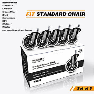 Fulgente Office Chair Caster Wheels(Set of 5), Heavy Duty Protection for Hardwood & Tile Floors Without Mat, Replacement Rubber Chair Casters Universal Fit 7/16 inch -Quick & Quiet Rolling Over Cables