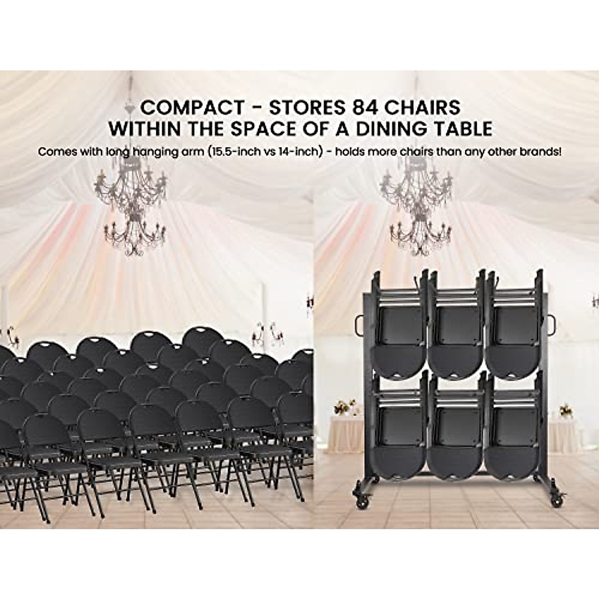 Folding Chair Rack Folding Chair Cart with Capacity 84 Folding Chair Storage Rack 360° Rubber Locking Wheels Weatherproof Cover Mobile Chair Dolly for Stackable Chairs Folding Tables and Chairs