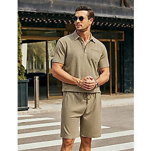 COOFANDY Men's Waffle Knit Polo Shirt and Shorts Set 2 Pieces Outfits Summer Suit Casual Tracksuit with Pockets