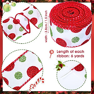 Tatuo 2 Rolls Christmas Glitter Wired Ribbon Christmas Tree Burlap Ribbon Green Red Polka Dot Ribbon Sparkly Xmas Tree Decoration DIY Bows Wreath(1.5 Inch x 6 Yard Per Roll,White Base)