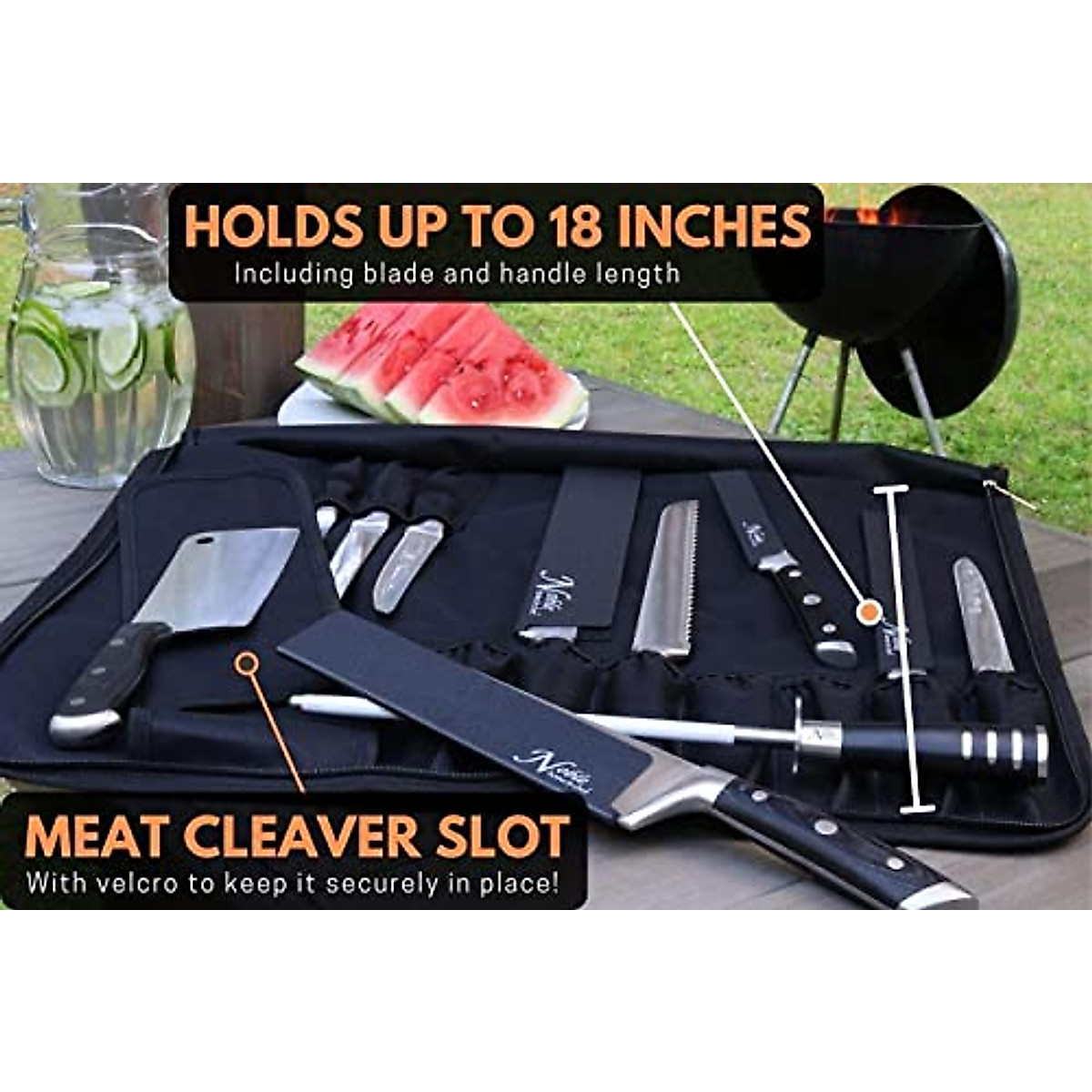 Chef’s Knife Roll (14 slots) and 10 Piece Knife Guards Bundle. Knife Bag Holds 10 Knives PLUS Meat Cleaver and Zippered Pouch. Knives Sheaths are Durable, Non-BPA, and Felt-Lined. Knives Not Included