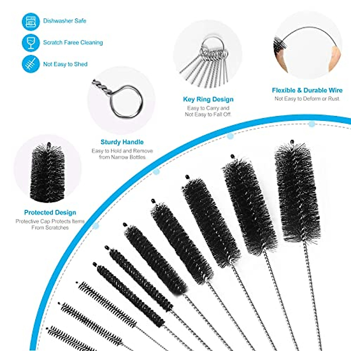 10PCS Straw Cleaner Brushes, 8 Inch Tube Cleaning Brush and Nylon Pipe Brush Set, Small Bottle Cleaning Brushes for Narrow Neck Sippy Cups Straws Teapot Nozzle(Black)