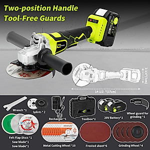 5" Cordless Angle Grinder,10000RPM Battery Powered Grinder,Metal Grinder w/ 2 * 4.0Ah Batteries and Fast Charger,Brushless Grinder w/Flap & Wool Carving & Cutting Wheel,for Flip Disk & Polishing