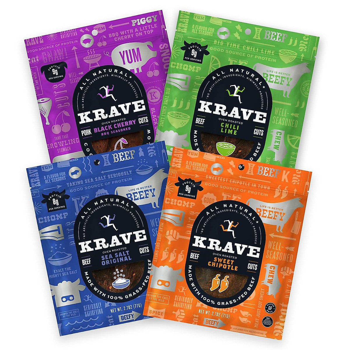 KRAVE All Natural Beef Jerky and Pork Jerky Variety Flavors - Protein Packed Snacks Roasted for Maximum Flavor - Gluten Free - 2.7 Ounce (Pack of 4)