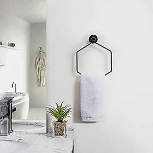 MyGift Wall Mounted Matte Black Metal Hexagon Towel Ring, Industrial Wire Geometric Shaped Hand Towel Holder for Kitchen, Bathroom or Laundry Room