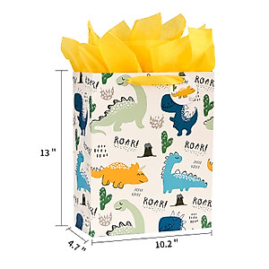 SUNCOLOR 13" Large Gift Bag with Tissue Paper for Kids (Dinosaurs)