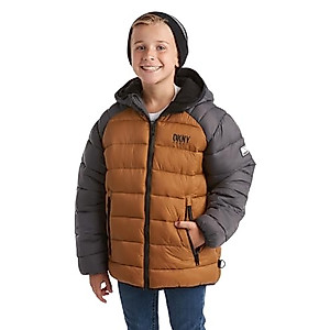 DKNY Boys' Winter Jacket - Midweight Polar Fleece Lined Quilted Insulated Parka Puffer Down Coat with Beanie Hat (Sizes:8-20), Size 10-12, Timber Tan/Charcoal