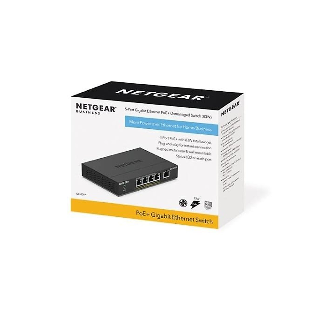NETGEAR PoE Switch 5 Port Gigabit Ethernet Unmanaged Network Switch (GS305PP) - with 4 x PoE+ @ 83W, Desktop or Wall Mount