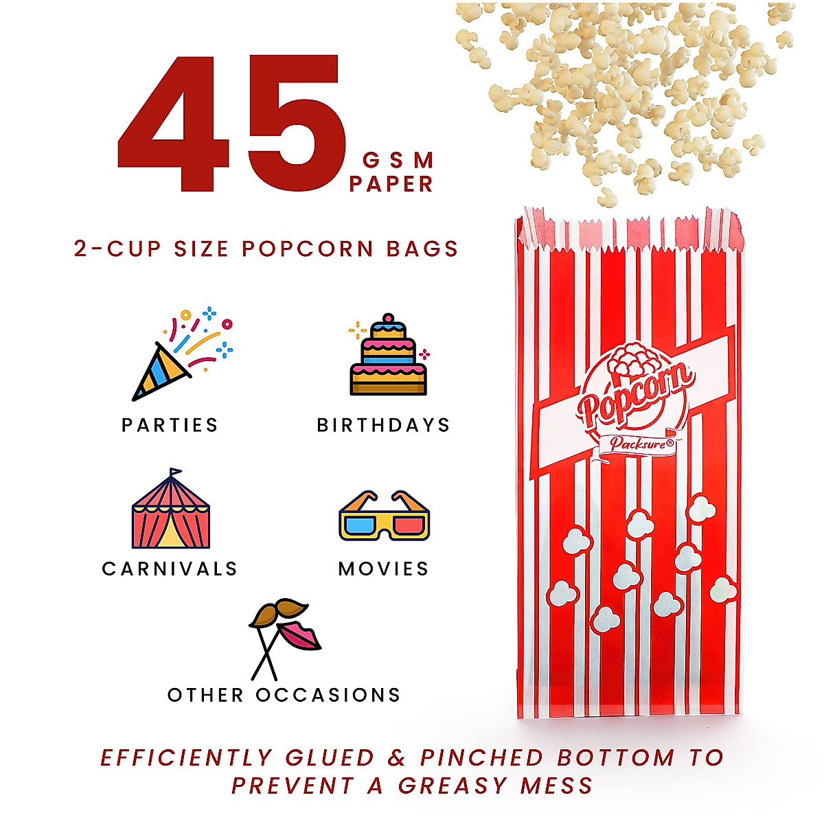 Packsure Popcorn Bags 100pcs, Red & White - 1 oz Thick & Premium 45 GSM Greaseproof Paper with Ziplock Packaging - Perfect Popcorn Bags for Party for Movie Theater & Carnivals (3.5 x 2 x 8 inches)