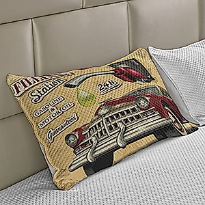 Ambesonne Cars Knitted Quilt Pillowcover, Filling Station Gasoline and Oil Drawing with a Realistic Car Design Art Print, Standard King Size Pillow Cover for Bedroom, 36" x 20", Sand Brown Red