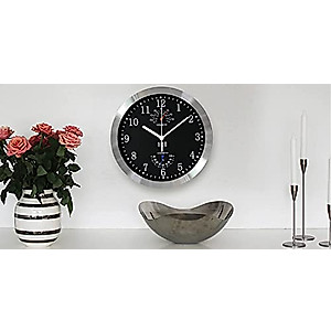 HITO 10” Silent Wall Clock Battery Operated Non Ticking Sweep Movement Glass Cover Silver Aluminum Frame, for Kitchen, Bedroom, Home Office, Living Room Decor (Black)