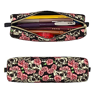 Skull Rose Leather Pencil Case With Zipper Pencil Pouch Stationery Holder Bag Cosmetic Makeup Bag For School, Office And Work
