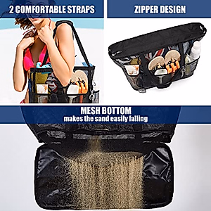 Beach Bag for Women Beach Tote Waterproof Sandproof Mesh Swim Pool Bag Large Foldable Travel Grocery Utility Bag Zipper, Black With Zipper, XL