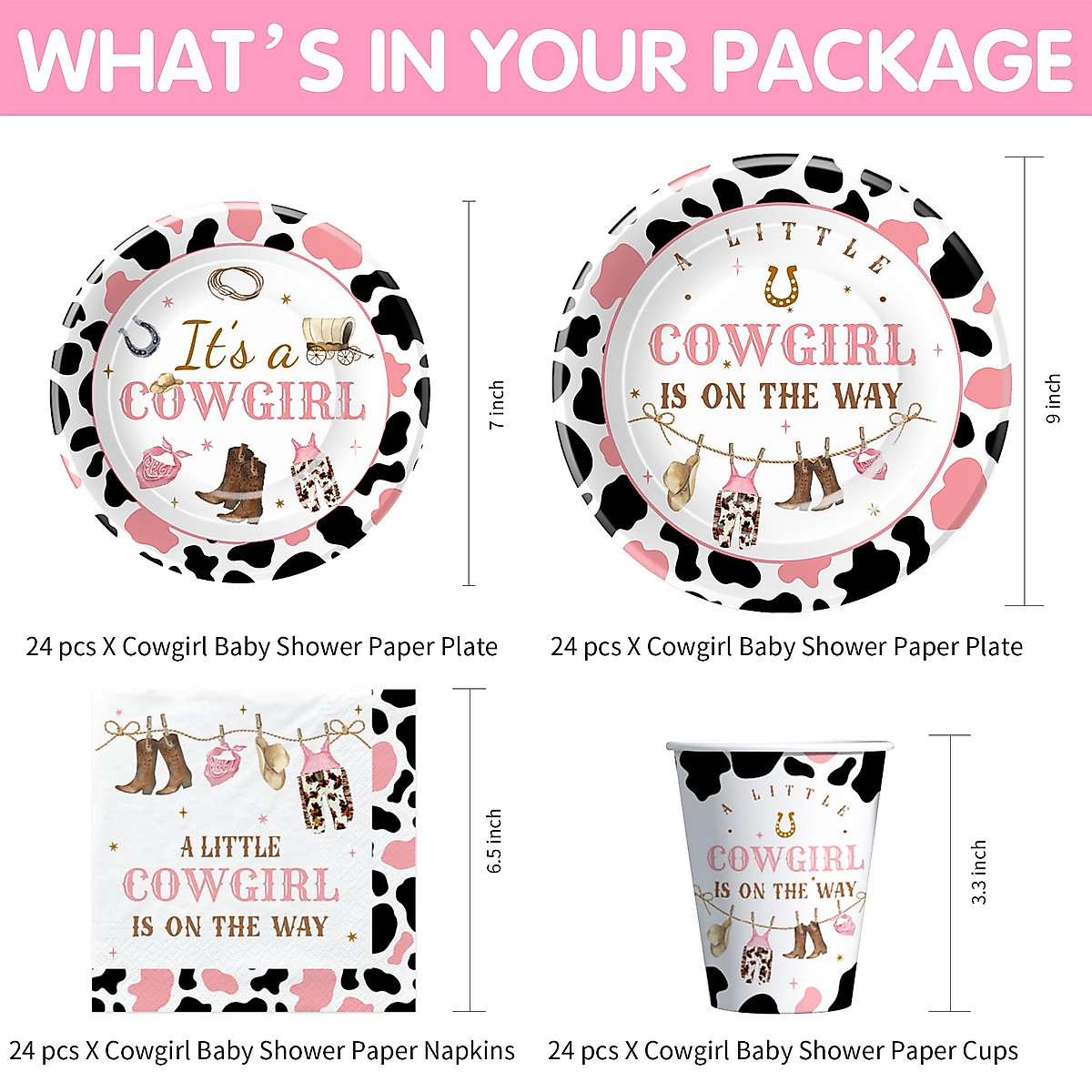 Xigejob Western Cowgirl Baby Shower Decorations Party Tableware - Little Cowgirl Baby Girl Table Decorations, Plate, Cup, Napkin, Cutlery, Tablecloth, Wild West Rodeo Baby Shower Supplies | Serve 24