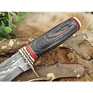Damascus Steel Hunting Bowie Knife 14.5 Inches Custom Made Hand Forged with 10" Blade, 2 Tone Green Wood with Engraved Brass Scale, Thick Cow Hide Leather Sheath with Belt Loop (Black)