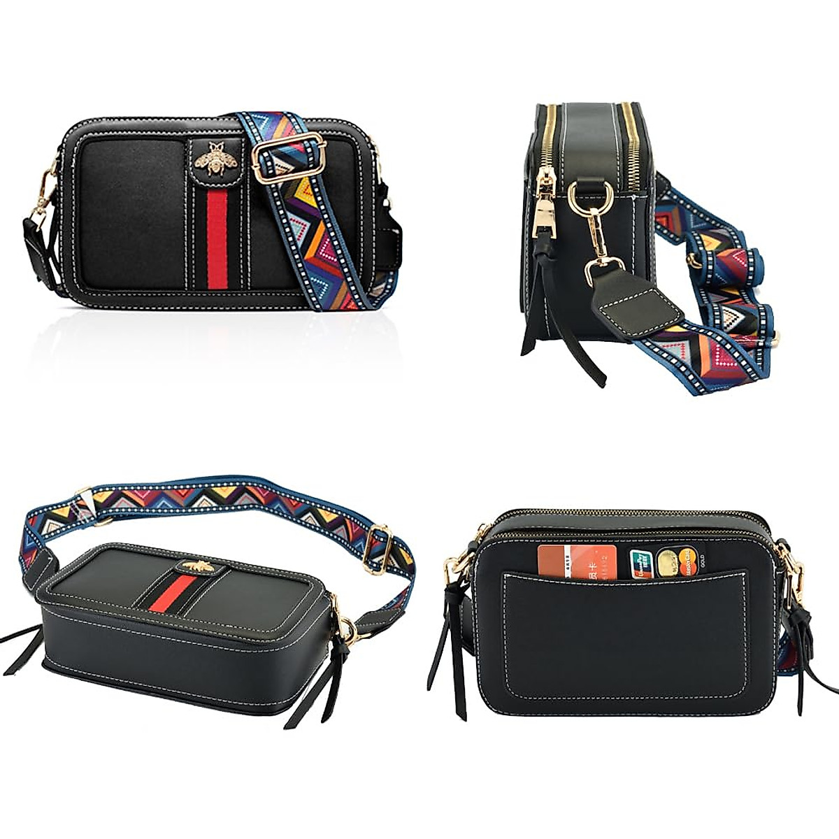 Beatfull Designer Bee Crossbody Purse for Women PU Leather Shoulder Handbag with Black-Red Strip Camera Clucth (Black)