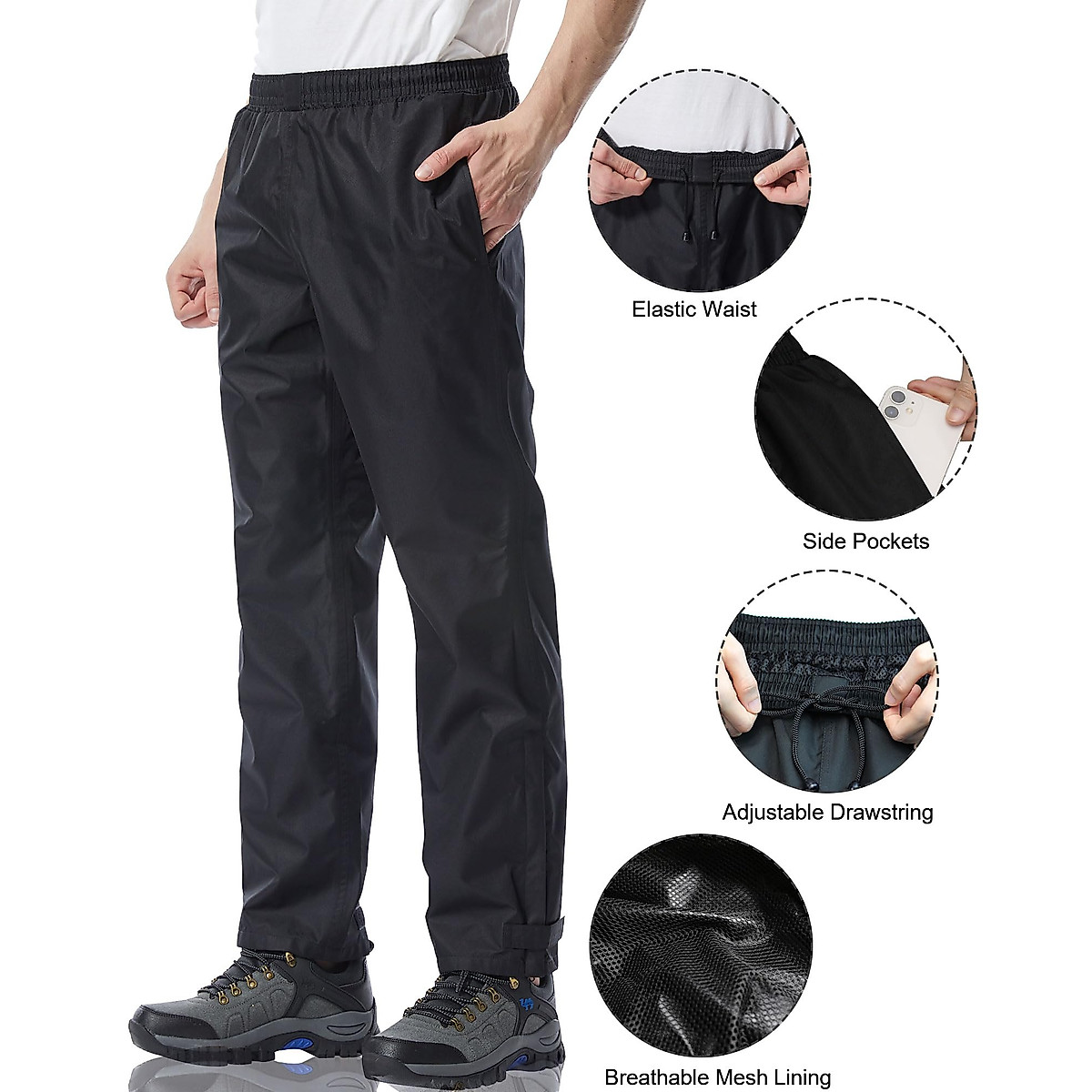 iCreek Men's Rain Pants Waterproof Over Pants Windproof Lightweight Hiking Pants Work Rain Outdoor for Golf, Fishing (Black, Medium/28 Inseam)