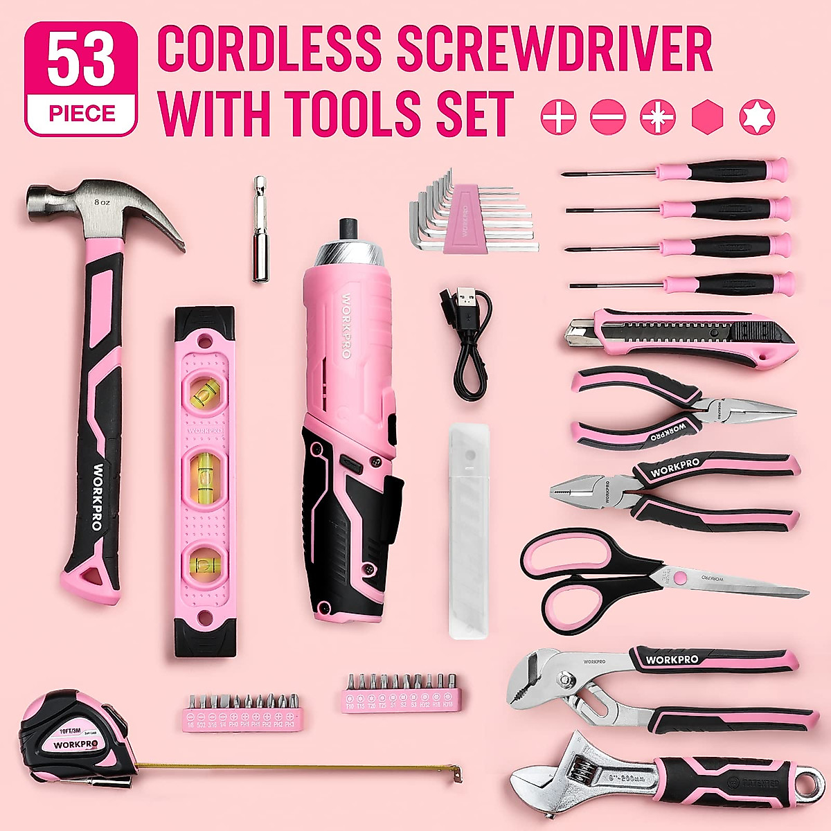 WORKPRO 53-Piece Pink Tool set with Electric Cordless Screwdriver, Basic Tool Kit Set for Women with 13'' Portable Tool Bag for DIY Home Repair/Maintenance - Pink Ribbon