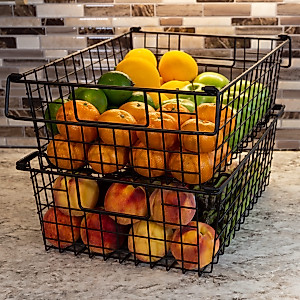 Home-Complete Nesting Storage Bins Stackable Wire Baskets, Set of 2, Large, Black, 2 Each
