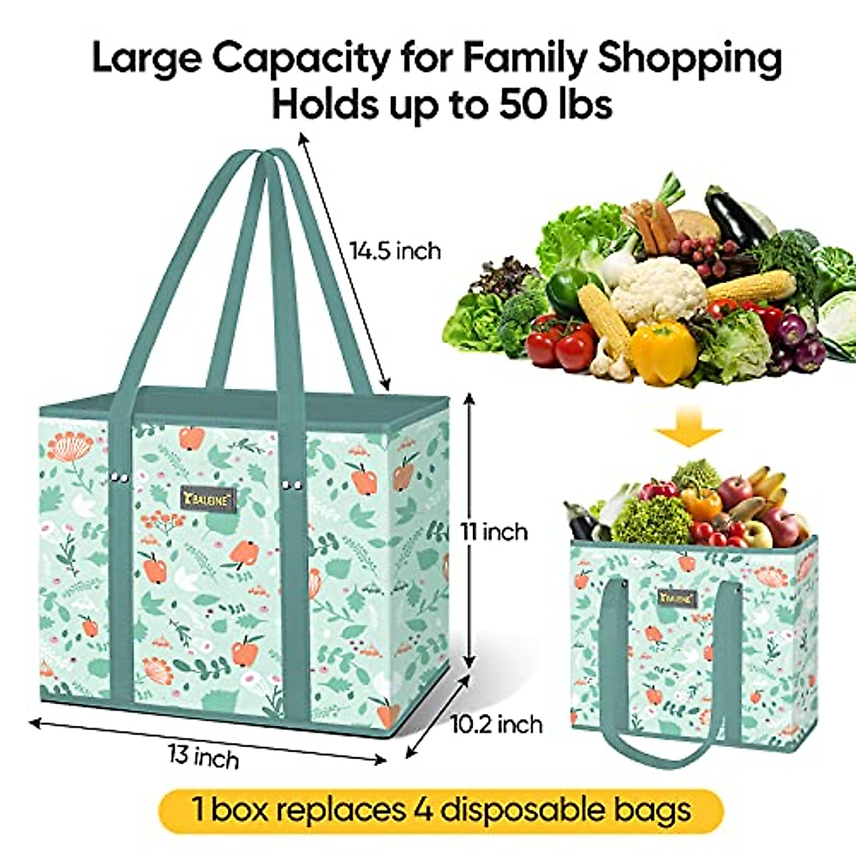 BALEINE 3Pk Reusable Grocery Bags, Foldable Shopping Bags for Groceries with Reinforced Bottom & Handles (Spring Stroll)