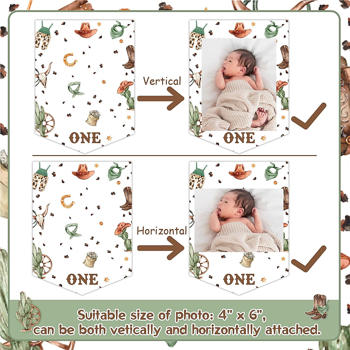 Cowboy 1st Birthday Photo Banner, Western Cowboy Cowgirl Themed Growth Record Photo Banner from Newborn to 12 Months, Monthly Milestone First Bday Party Decorations Supplies…