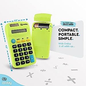 Calculator Green, Basic Small Solar and Battery Operated, Large Display Four Function, Auto Powered Handheld Calculator School and Kids Available in Blue, Red, Purple, Grey, Pink, 1 PK – by Enday