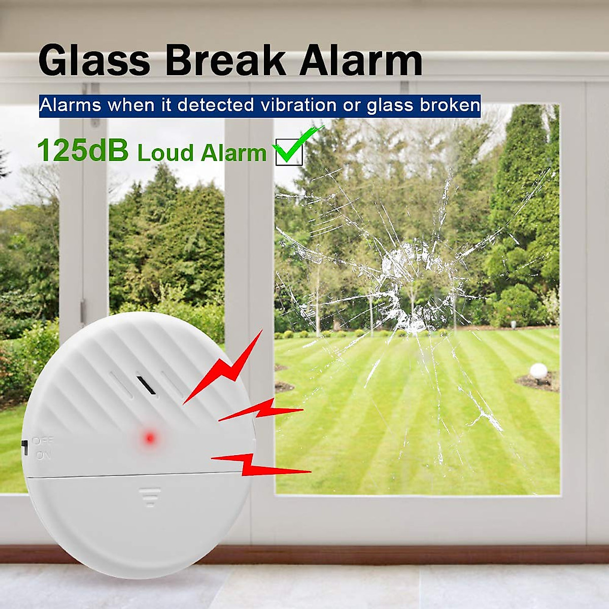 WSDCAM Glass Break Sensor Alarm 125dB Ultra-Slim Wireless Glass Break Detector Window Alarm Vibration Sensor for Home Window and Door Security - 4 Pack
