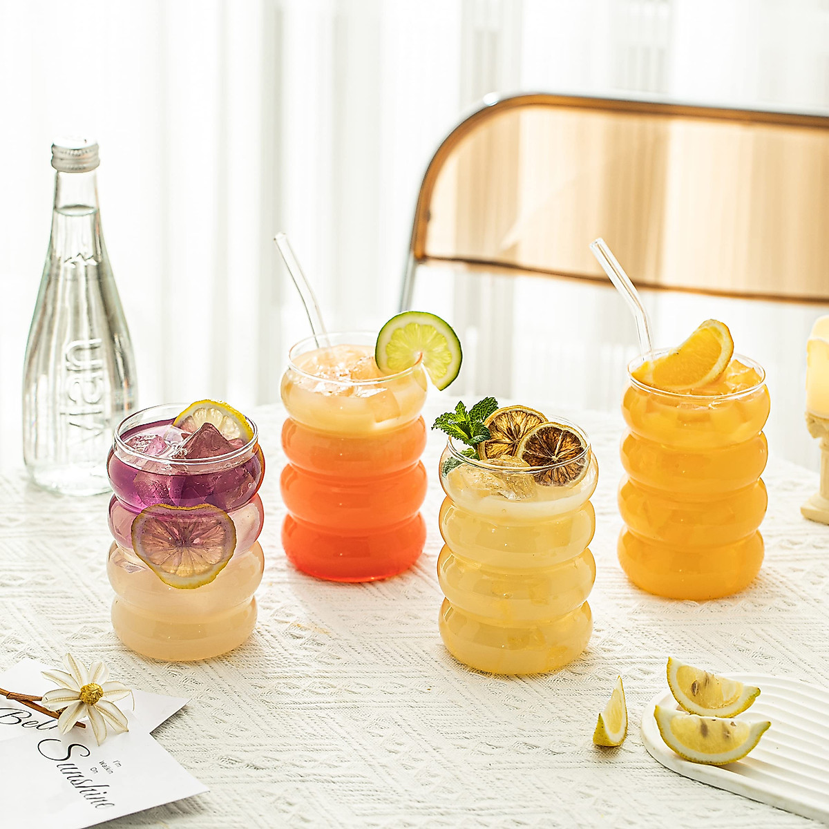 KEMORELA 18oz Wave Shape Beverage Glasses With Straws,Vintage Glass Cups Wine Mugs Of 4 Set, Ripple Drinking Glasses,for Juice Beer Wine Champagne Cocktail Home Kitchen Bar Mixed Drinks (4PCS-Clear)