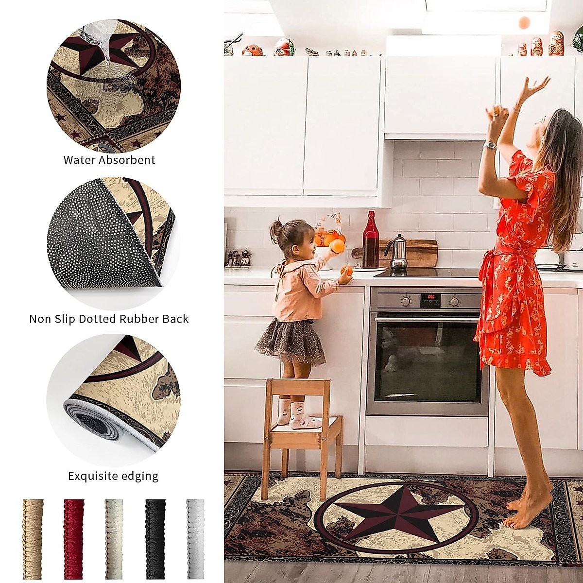 Independence Day 2 Pieces Kitchen Rug Mat Set Retro Star Map Absorbent Soft Runner Carpets Country Pentagram Border Nostalgic Classic Non Slip Doormat Floor Mats Throw Runner Rug for Living Room