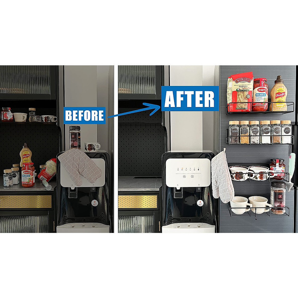 Lunememo Magnetic Spice Rack for Refrigerator - 8 Hooks - 4 Pack Magnetic Shelf Organizer for Fridge, Microwave Oven and Whiteboard - Space Saving Seasoning Rack for Small Kitchen, Black