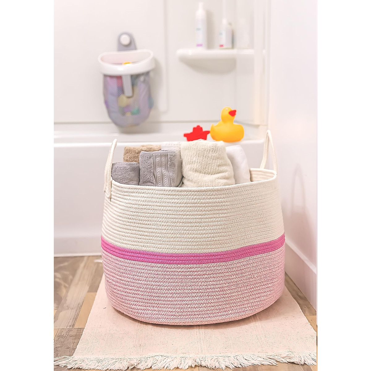 OrganiHaus Baby Laundry Basket 20x13, Large Cotton Rope Basket, Large Blanket Basket Living Room, Large Woven Basket, Extra Large Basket for Blankets Living Room, Pink Woven Laundry Basket