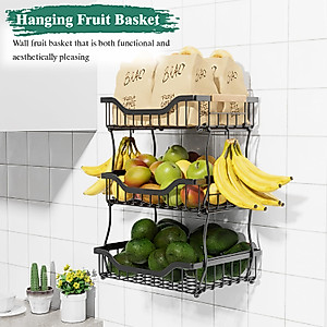 OKZEST 3-Tier Fruit Basket for Kitchen Counter with Banana Hangers, Wall Hanging Fruit Basket and Countertop Organizer Fruit Bowl, Fruit Storage Holder Stand for Potato Onion Snack Bread Fruit Veggie