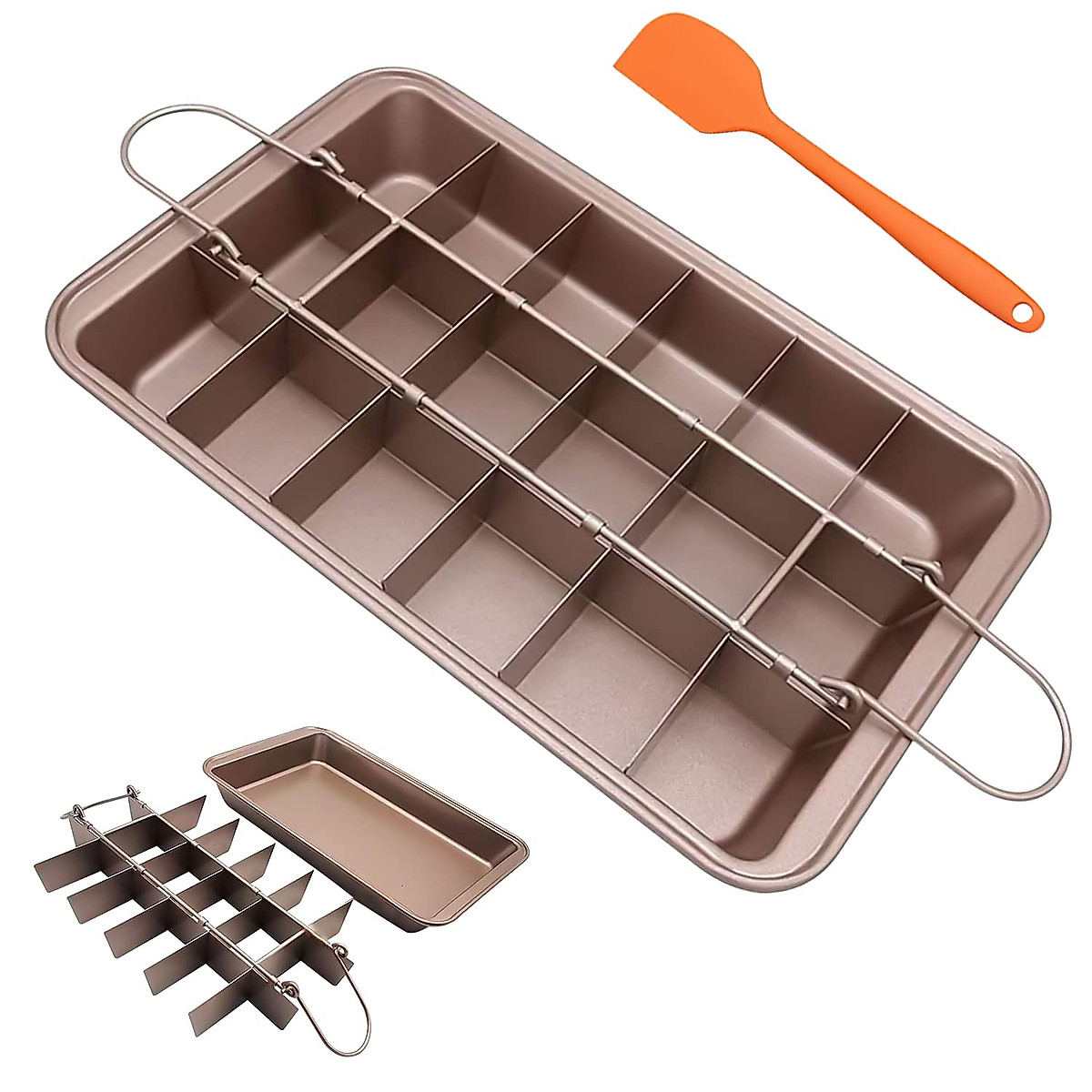 WSNB Brownie Pan, 18 Pre-Slicer Carbon Steel Baking Pans, Brownie Cutter, Brownie Tray with Oil Brush, Pre-Cut Square Molds for Oven Baking Cupcakes, Fudge & Chocolate 12 X 8 X 2 inches