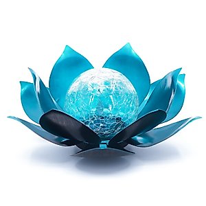 GOOWILUP Solar Lotus Lights Outdoor Decor, Crackle Globe Glass Waterproof Metal Flower, RGB Color Changing LED Solar Powered Lanterns, Perfect Decoration for Table Lamp, Patio, Garden Pathway,Cyan
