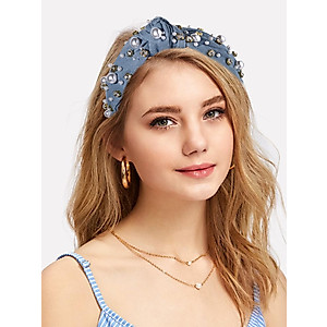 Pearl Knotted Headband for Women White Pearl Rhinestone Crystal Jeweled Embellished Hairband Fashion Elegant Ladies Wide Top Knot Bride Boho Head Band Headpieces Bachelorette Party Hair Accessories