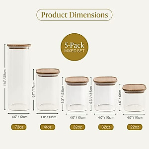 Bloom & Breeze Airtight Glass Pasta Containers for Pantry, Spaghetti Container, Glass Cereal Containers Storage, Rice Dispenser, Square Glass Storage Acacia Lids, Pack of 5