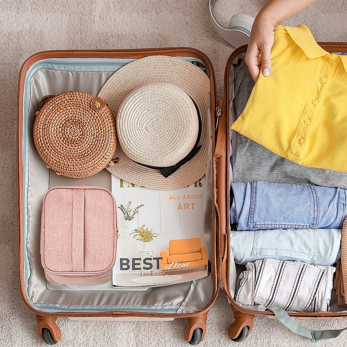 FUNSEED Travel Makeup Bag Portable Small Mini Cosmetic Organizer Storage Case with Handle for Jewelry, Lipstick, Cosmetic Box (Pink)