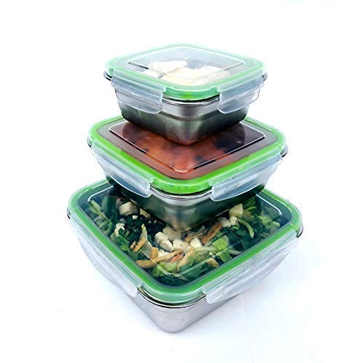 JaceBox Stainless Steel Containers - Adults Kids Square Set of 3 Leak Proof Bento Box Airtight Freezer Safe BPA FREE Metal Boxes New Snap On Latch Lids For Sandwiches Salads & Snacks by JaceBox