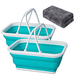 AUTODECO 2 Pack Collapsible Sink with Handle Towel, 2.37 Gal / 9L Foldable Wash Basin for Washing Dishes, Camping, Hiking and Home Blue