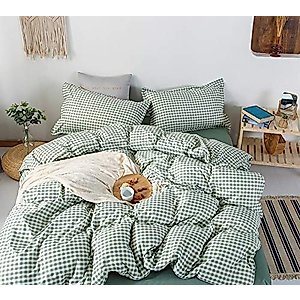 Kimko Green Plaid Bedding Set Checkered Duvet Cover Set for Adults,Soft,Comfortable and Breathable【 4Pcs -1 Duvet Cover Set + 1 Flat Sheet + 2 Pillowcases】