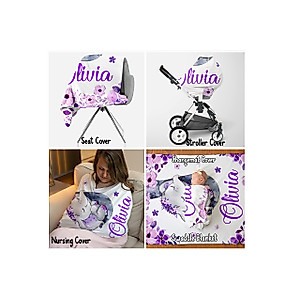 Personalized Cute Purple Elephant Animal Floral Baby Name Blanket Throw Fleece Swaddle Shower Super Soft Blanket Newborn Gifts for Baby Girl Daughter New Kid Bed Couch Sofa Decor
