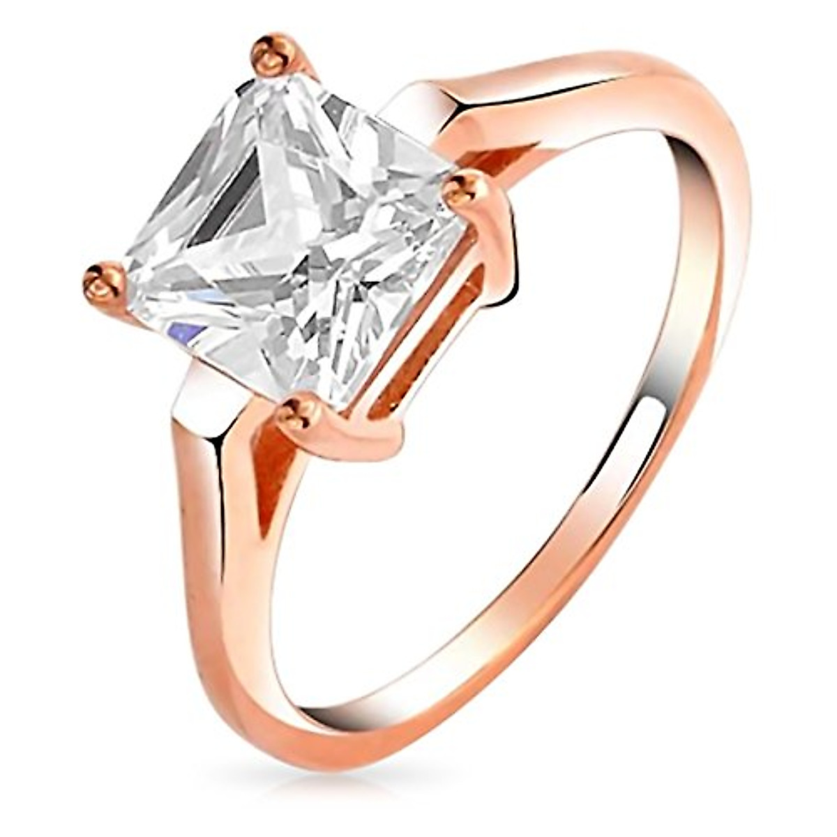 Simple Traditional 3CT Clear Cubic Zirconia Square Brilliant Princess Cut AAA CZ Solitaire Engagement Ring For Women Thin 1.5 MM Band Rose Gold Plated .925 Sterling Silver
