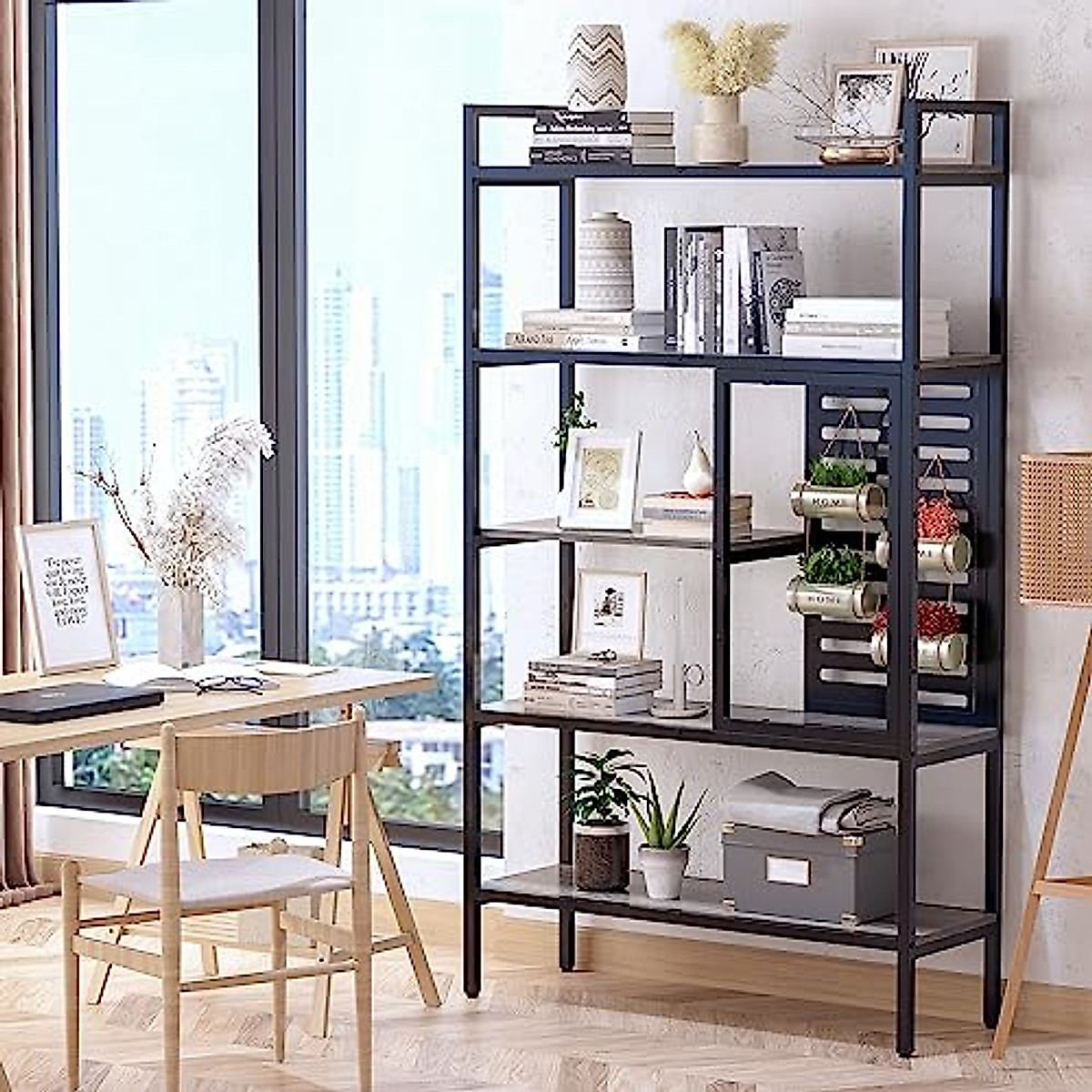 Anivia 5 Tier Bookshelf, Ladder Bookcase Display Shelves, Wide Book Shelf Bookcases for Home & Office, Oak/Black