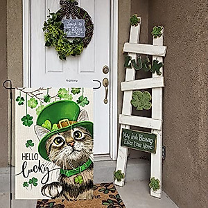 CROWNED BEAUTY St Patricks Day Cat Garden Flag 12x18 Inch Double Sided for Outside Small Hello Lucky Burlap Green Shamrocks Clovers Hat Yard Holiday Decoration