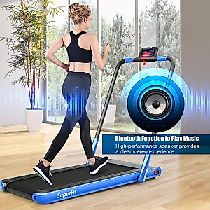 GYMAX Walking Pad, 2 in 1 Free Installation Under Desk Treadmill with Smart App, Remote Control & LED Display, 2.25HP Foldable Portable Compact Running Machine for Small Spaces Home Office (Navy)
