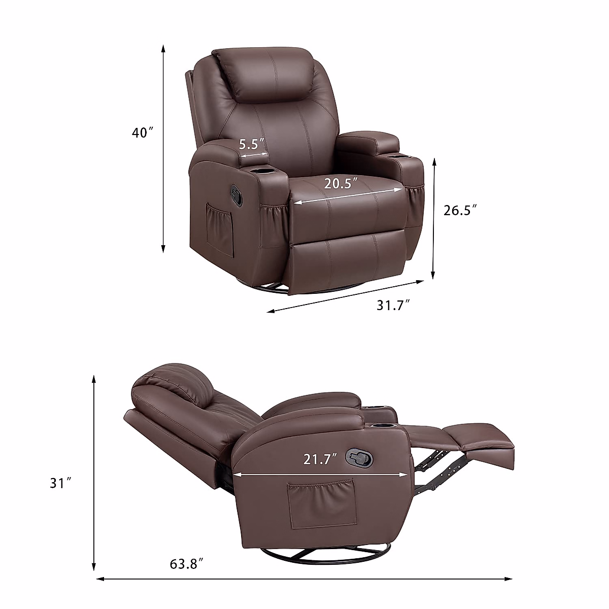 YESHOMY Swivel Rocker Recliner with Massage and Heating Functions, Sofa Chair with Remote Control and Two Cup Holders, Suitable for Living Room, PU Leather Brown