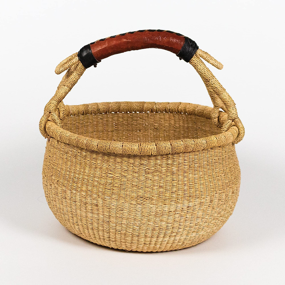 Bolga Zaare Market Basket, Handmade in Ghana by Women Artisans, Natural, Large, 16"-18" Diameter x 9"-10" H, RED Handle (1 Basket)