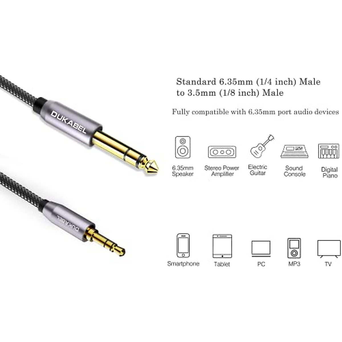 3.5 to 1/4’’ Stereo Audio Cable, DUKABEL 3.5mm TRS Male to 1/4 inch TRS Male Headphone Cord for Speaker, Amp, Guitar, Home Theater Devices and More.(4ft/1.2Meter)